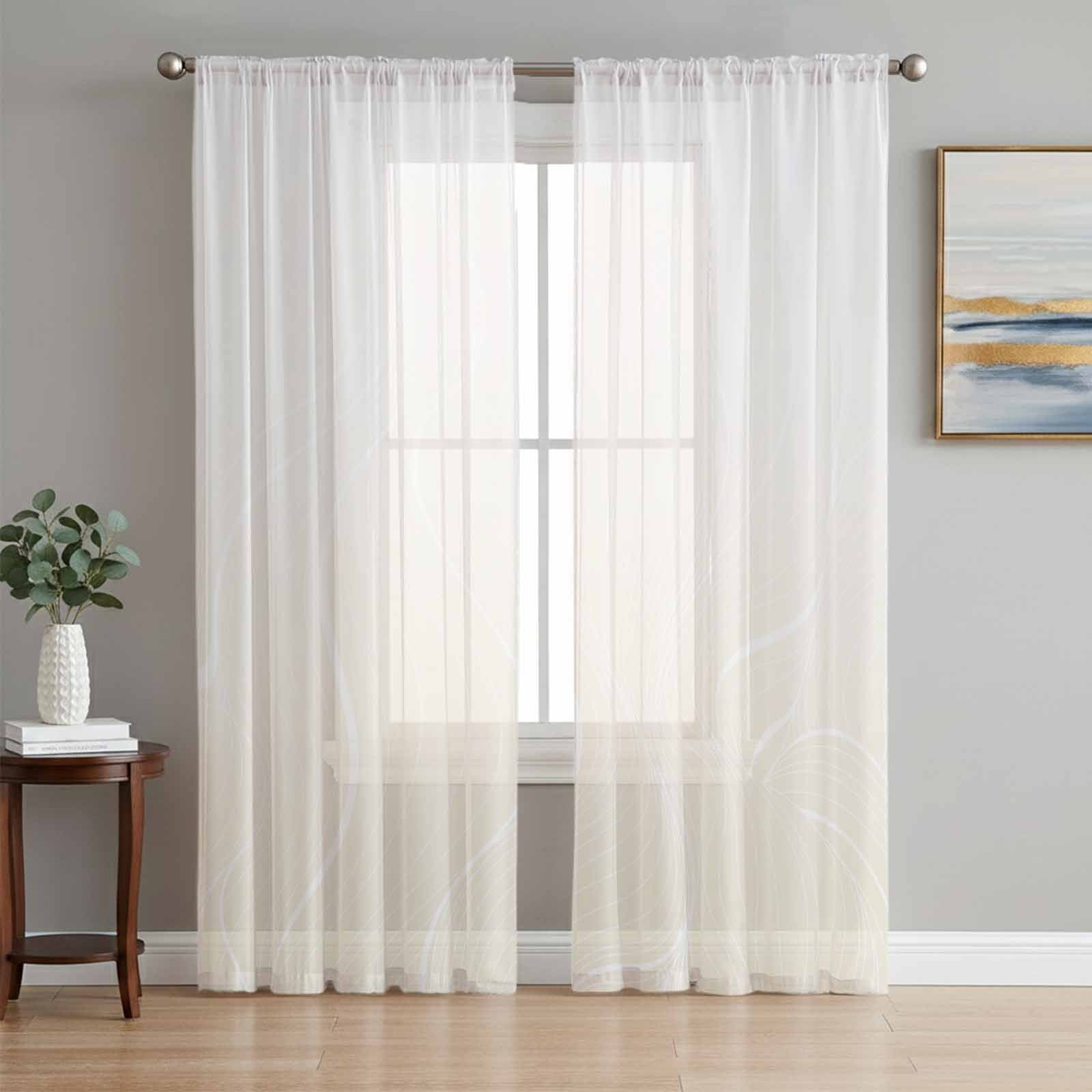 Cream Geometric Semi Sheer Curtains 63 Inch Length 2 Panels Set,Modern ...