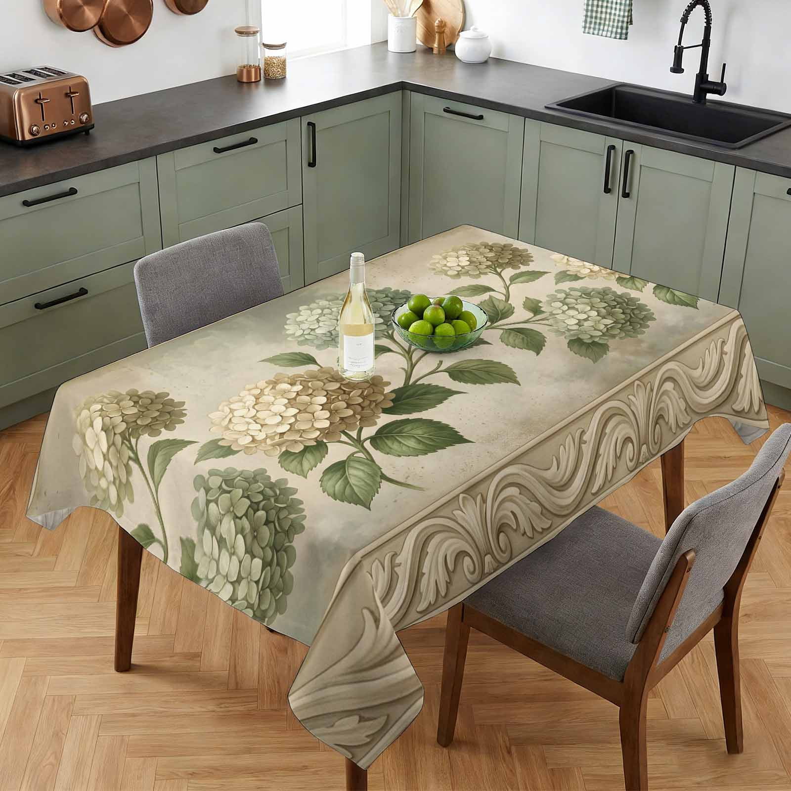 Cream Gold Hydrangeas Table Cloth 52x70in, Waterproof Rectangle ...