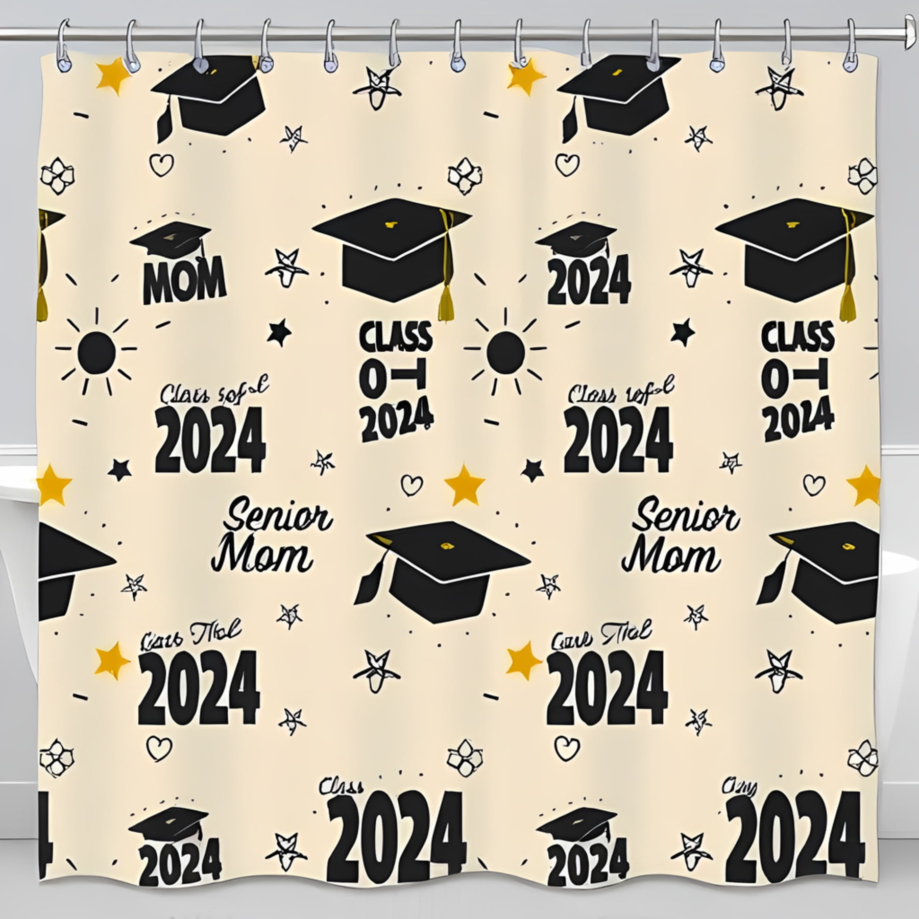 Cream Graduation Shower Curtain - Class of 2024 Design with Black Stars ...