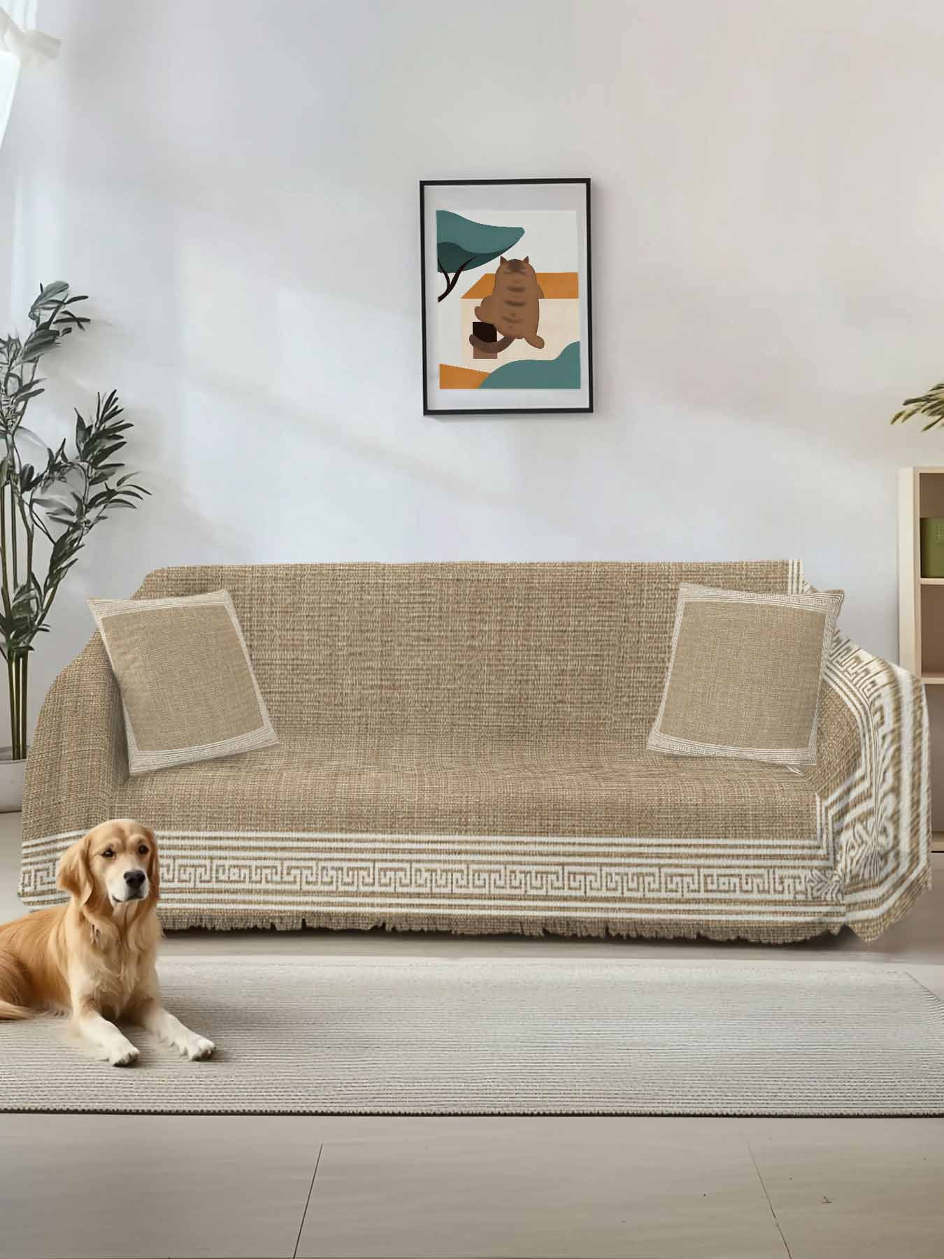 Cream Greek Key Couch Cover, Geometric Greece Ancient Rustic Sofa Cover ...