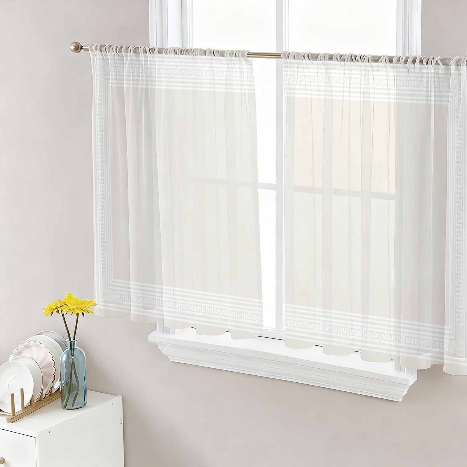 Cream Greek Key Semi Sheer Curtains 54 Inch Length 2 Panels Set ...