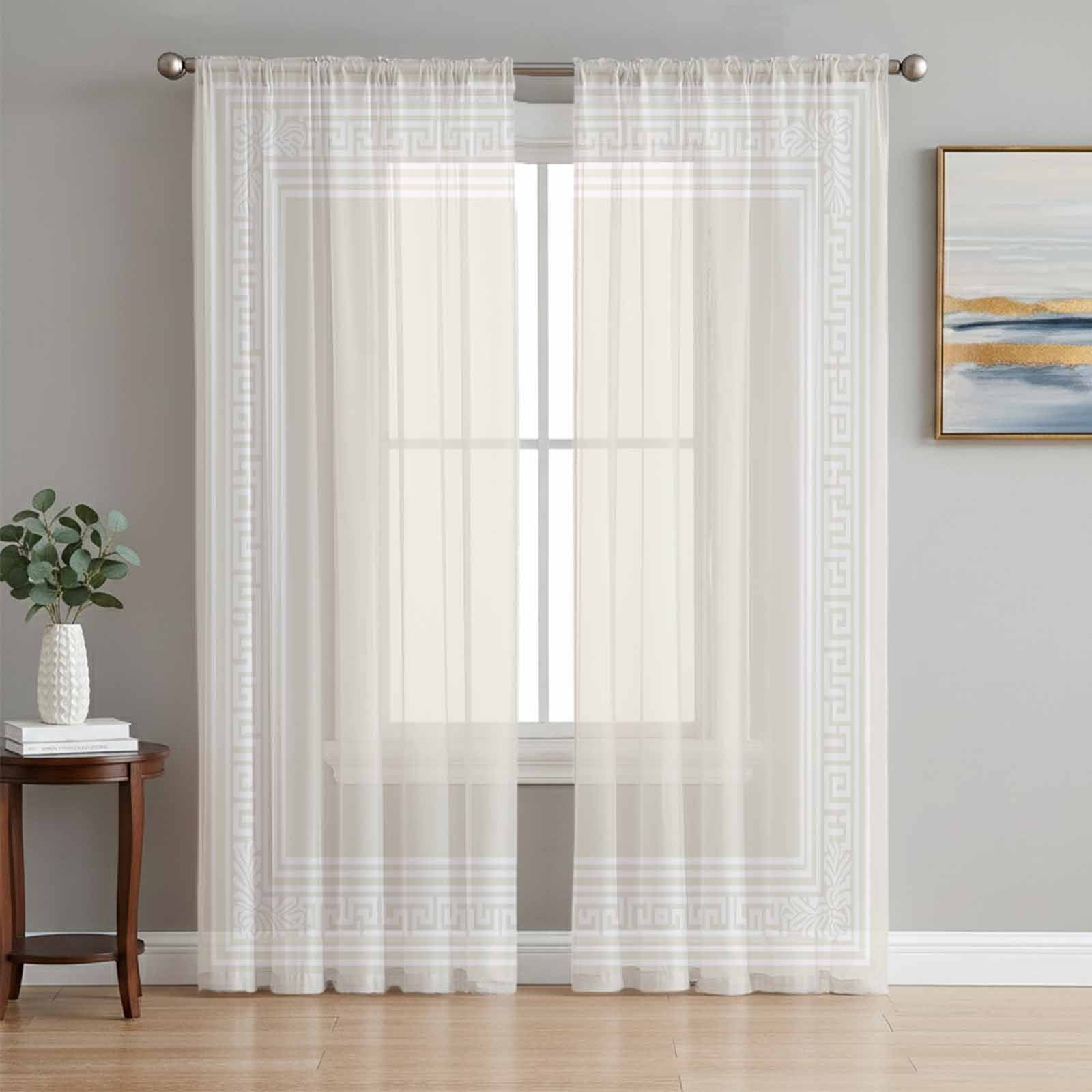 Cream Greek Key Semi Sheer Curtains 84 Inch Length 2 Panels Set ...