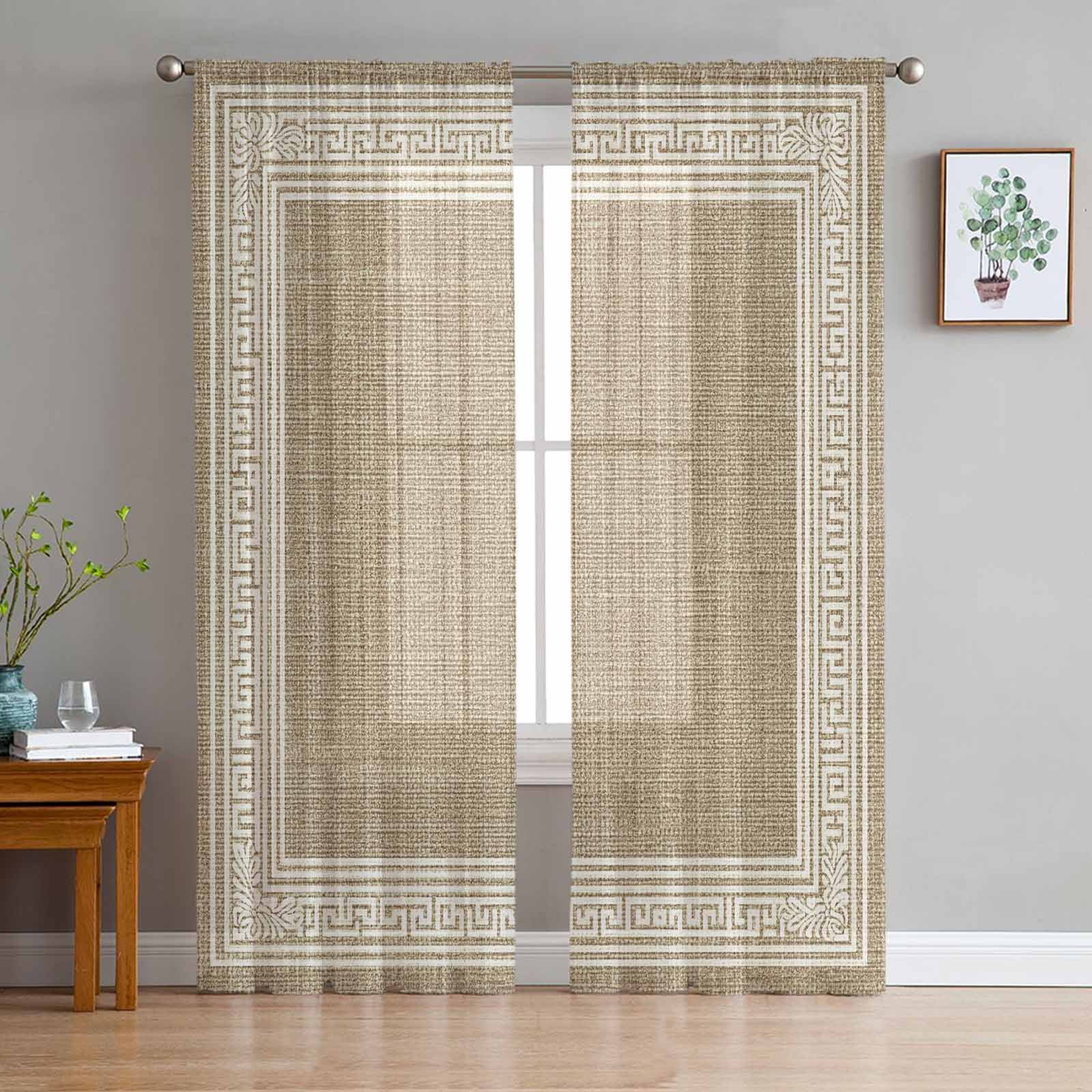 Cream Greek Key Sheer Curtains 84 Inches Long 2 Panels Set, Window ...