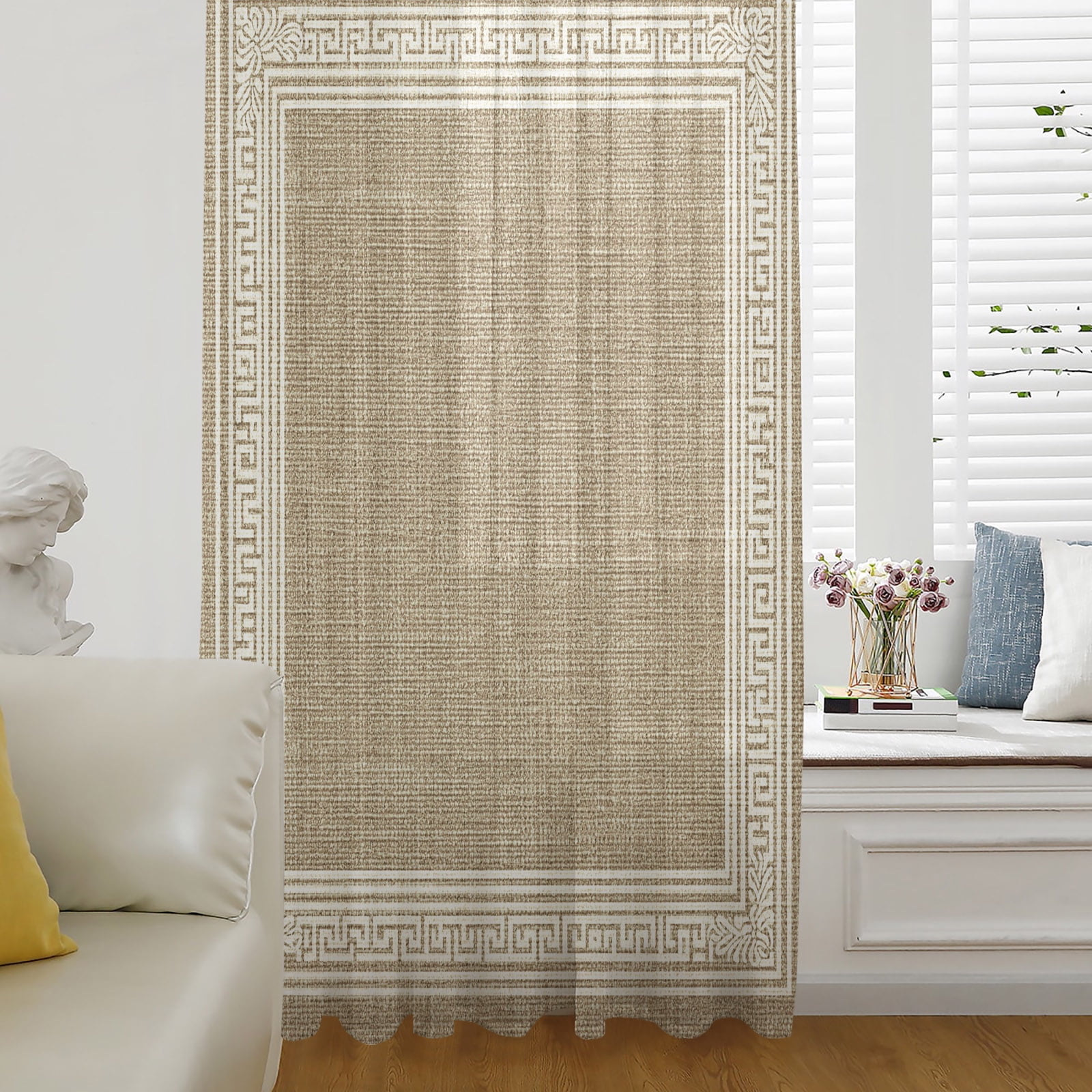 Cream Greek Key Sheer Curtains 96 Inch Length, Light Filtering Voile ...