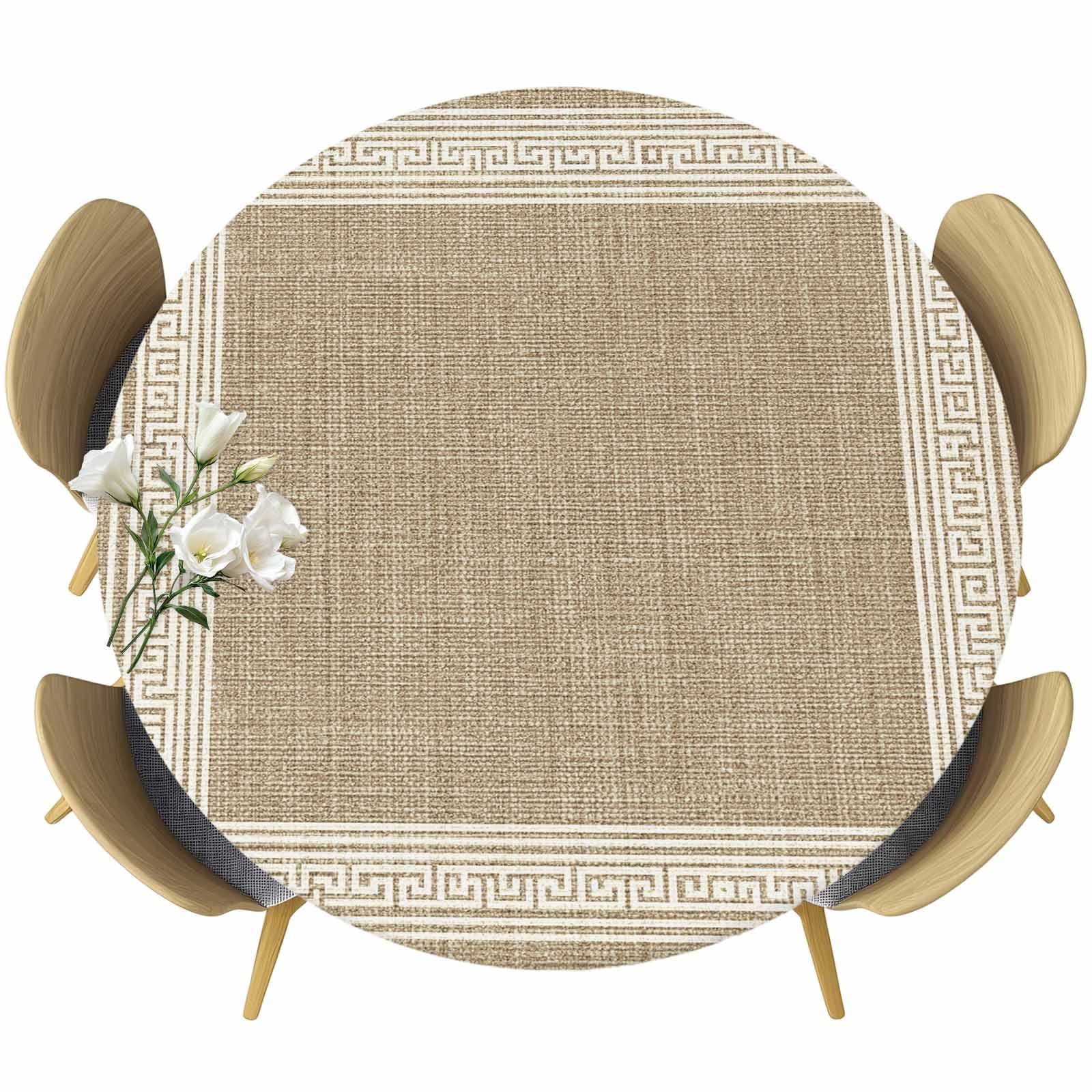 Cream Greek Key Table Cloth, Round Fitted Tablecloths with Elastic Edge ...