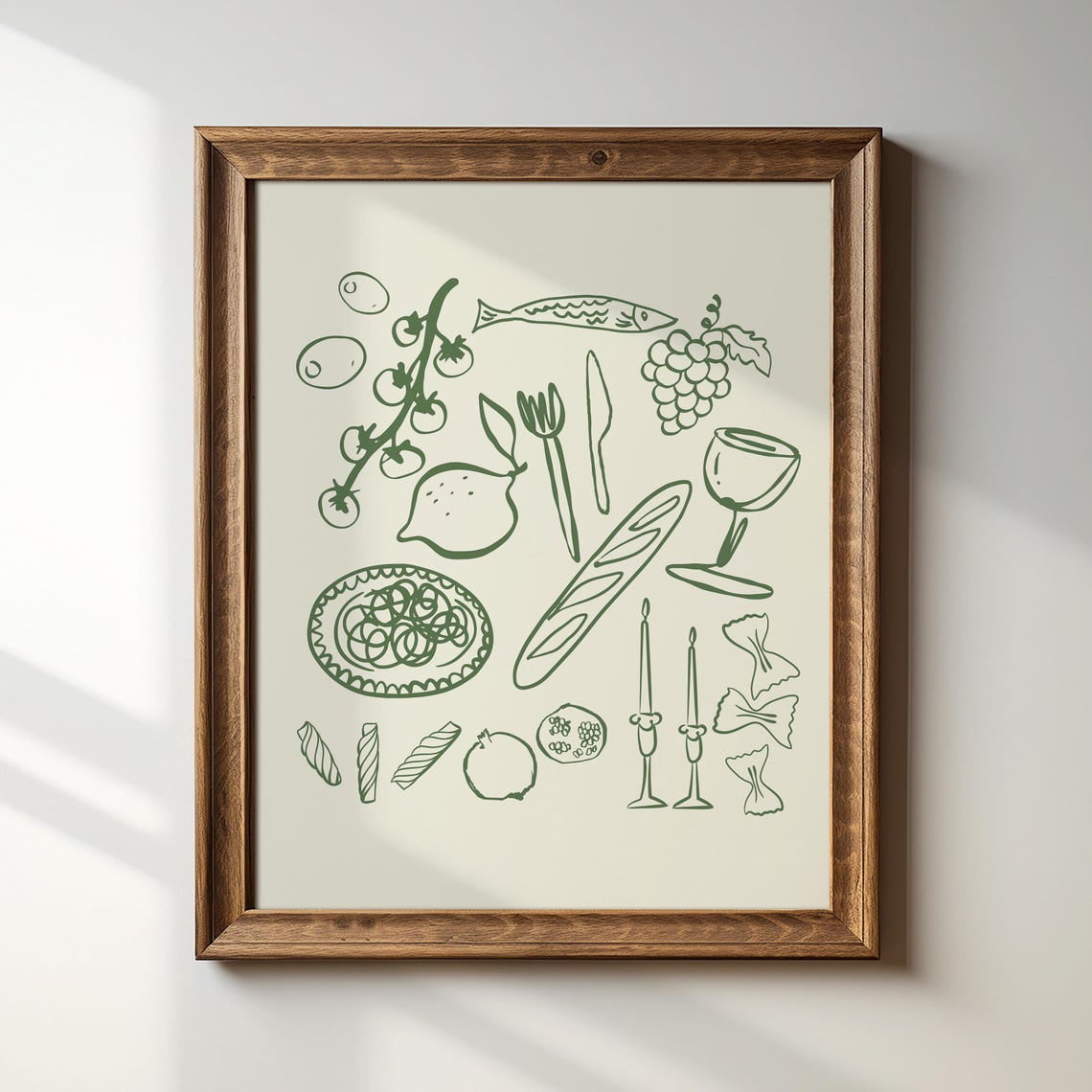 Cream Green Italian Dinner Vertical Doodle Line Illustration Print, Art ...