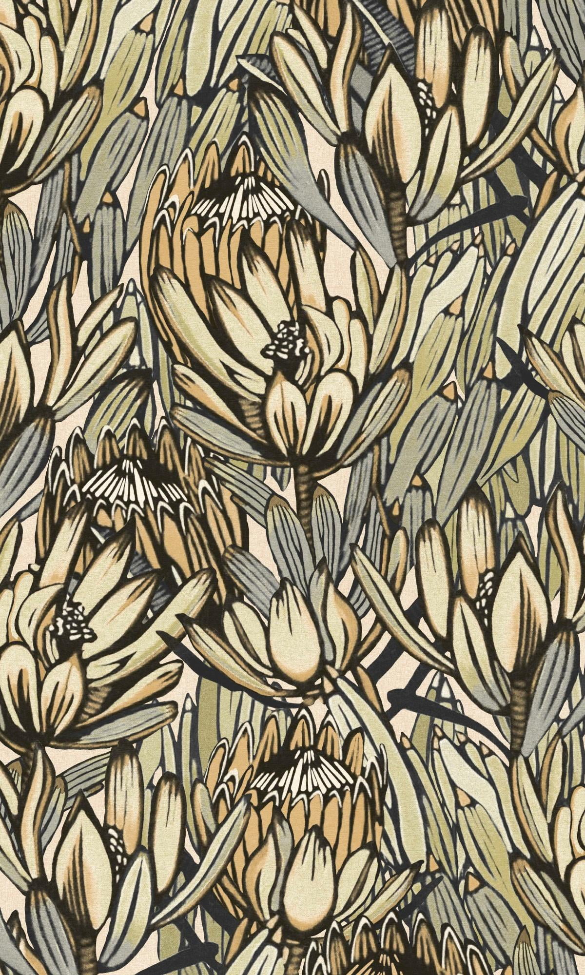 Cream & Grey Exotic Protea Flower Floral Wallpaper, Double Roll, 57 ...