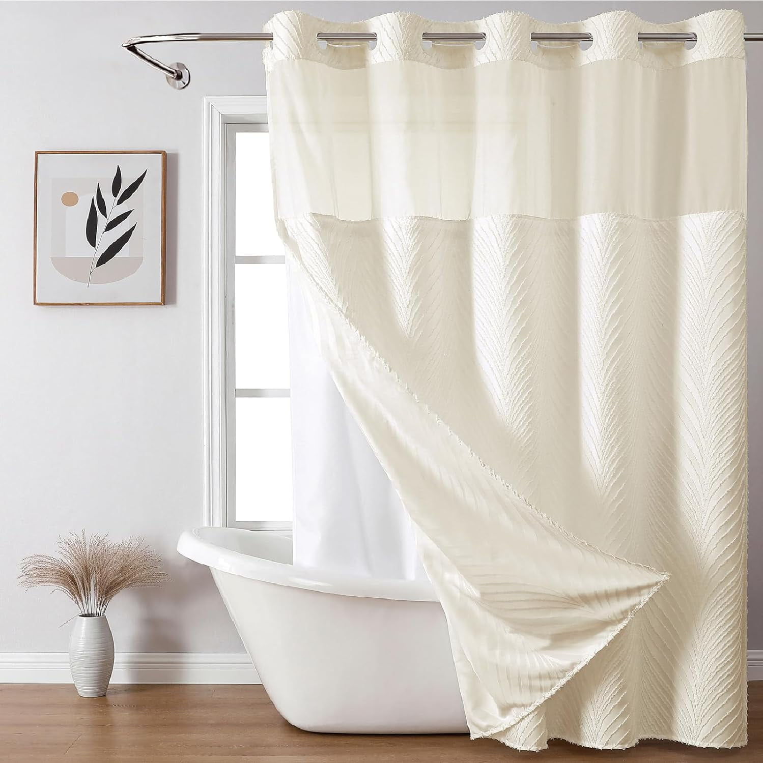 Cream No Hook Tufted Shower Curtain with snap-in Liner for Bathroom ...