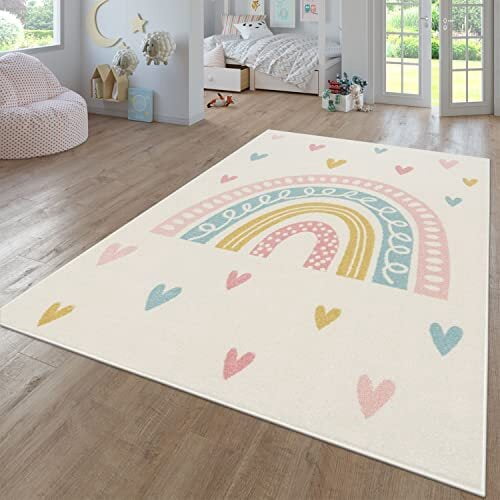 Cream Kids Rug with Rainbow Hearts, 4x6 ft, Girls Bedroom Carpet ...
