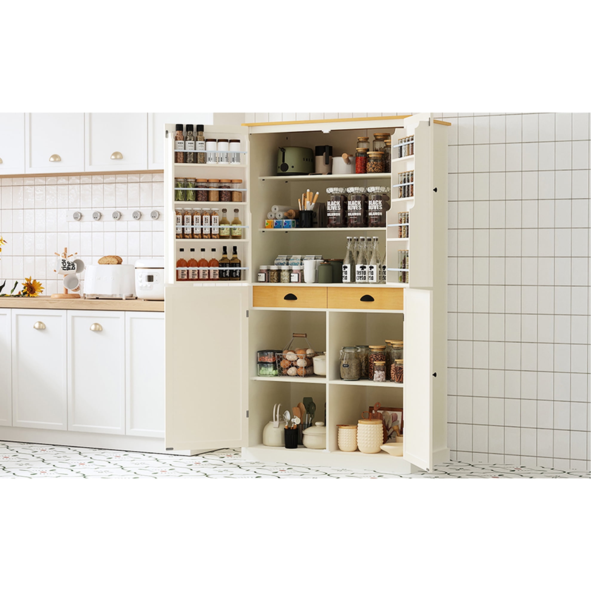 Cream Kitchen Storage With Ample Room - 40.2x20x71.3inch, 2 Drawers ...