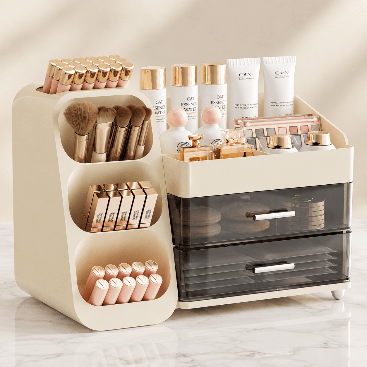 Cream Large Capacity Makeup Organizer with Drawers for Vanity ...