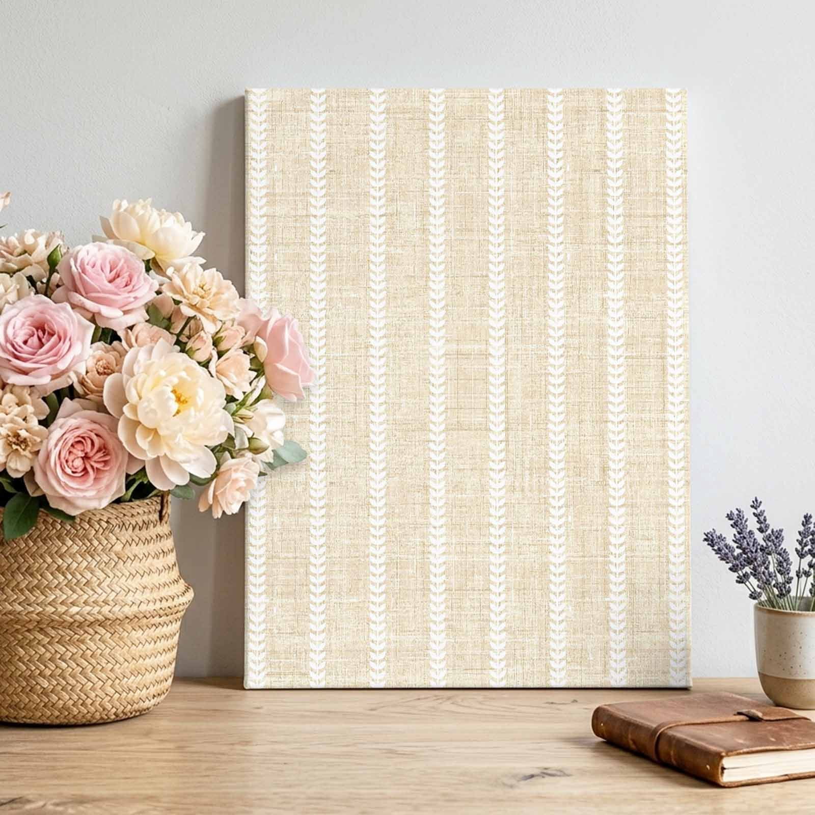 Cream Leaf Striped Canvas Wall Art for Living Room, Warm Beige Linen ...