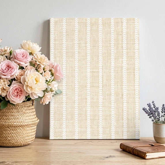 Cream Leaf Striped Canvas Wall Art for Living Room, Warm Beige Linen ...