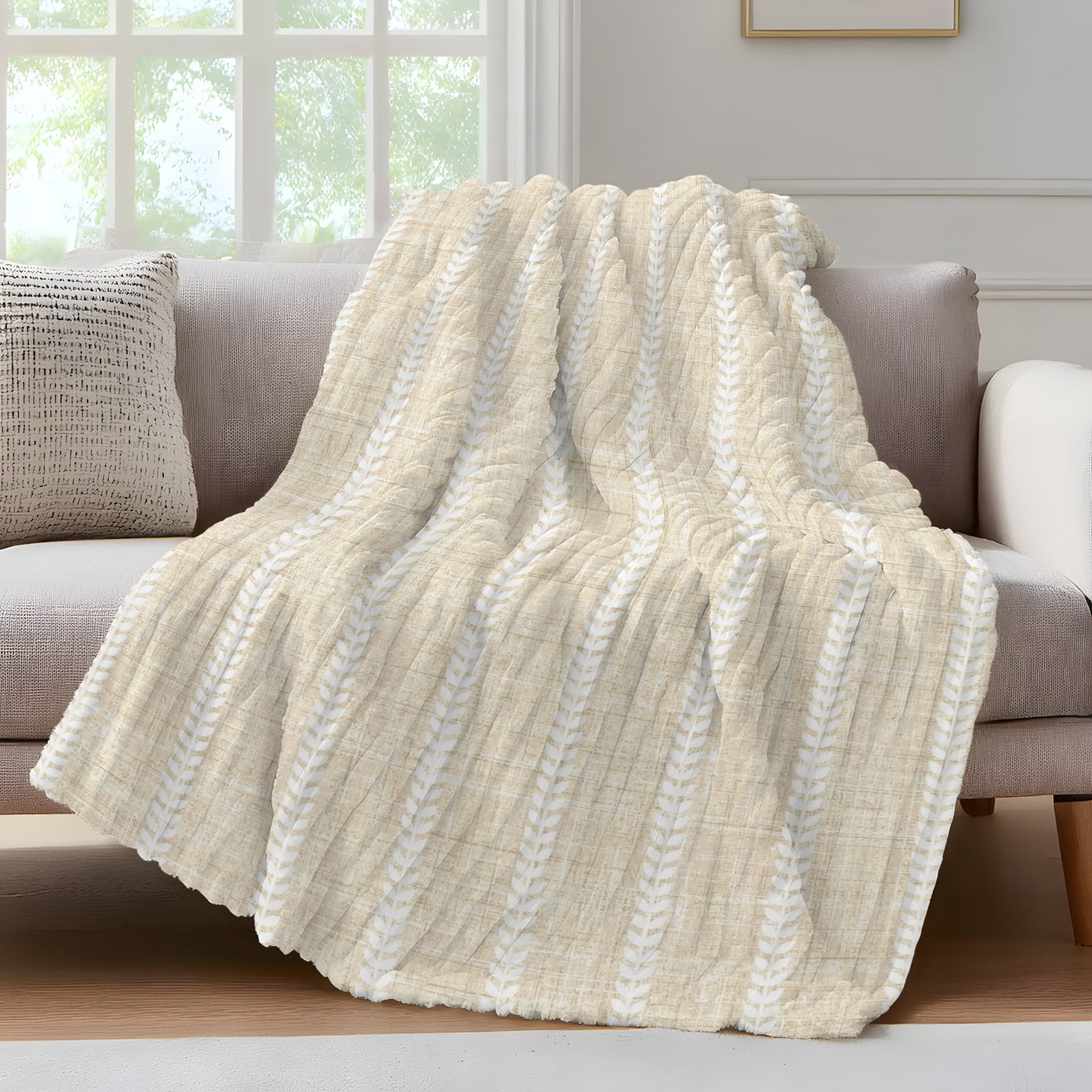 Cream Leaf Striped Throw Blanket for Couch Warm Beige Linen Texture ...