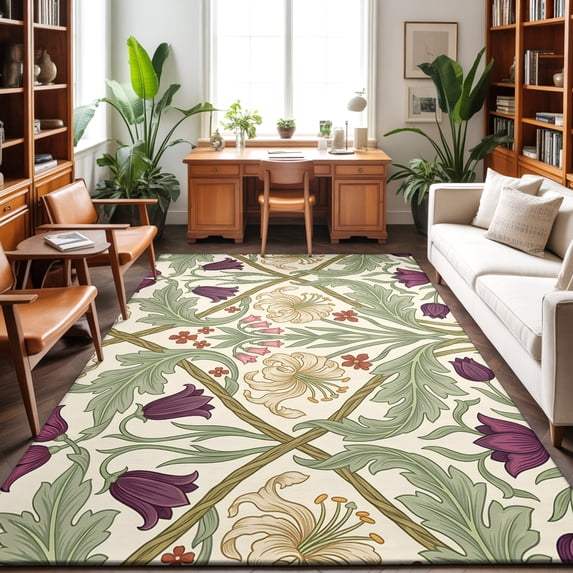 Cream Lilies 5'x8' Rug for Bedroom Under Queen Bed Placement, Art Dark ...