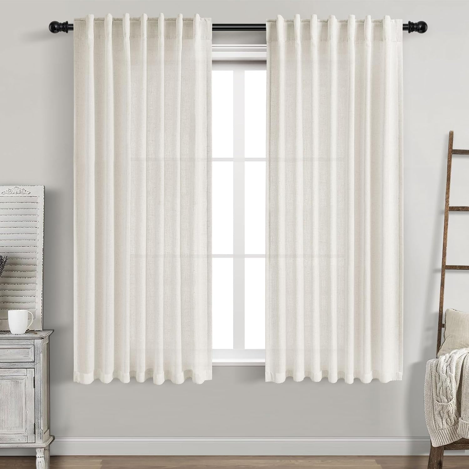 Cream Linen Back Tab Curtains 63 Inch Length for Living Room 2 Panel ...