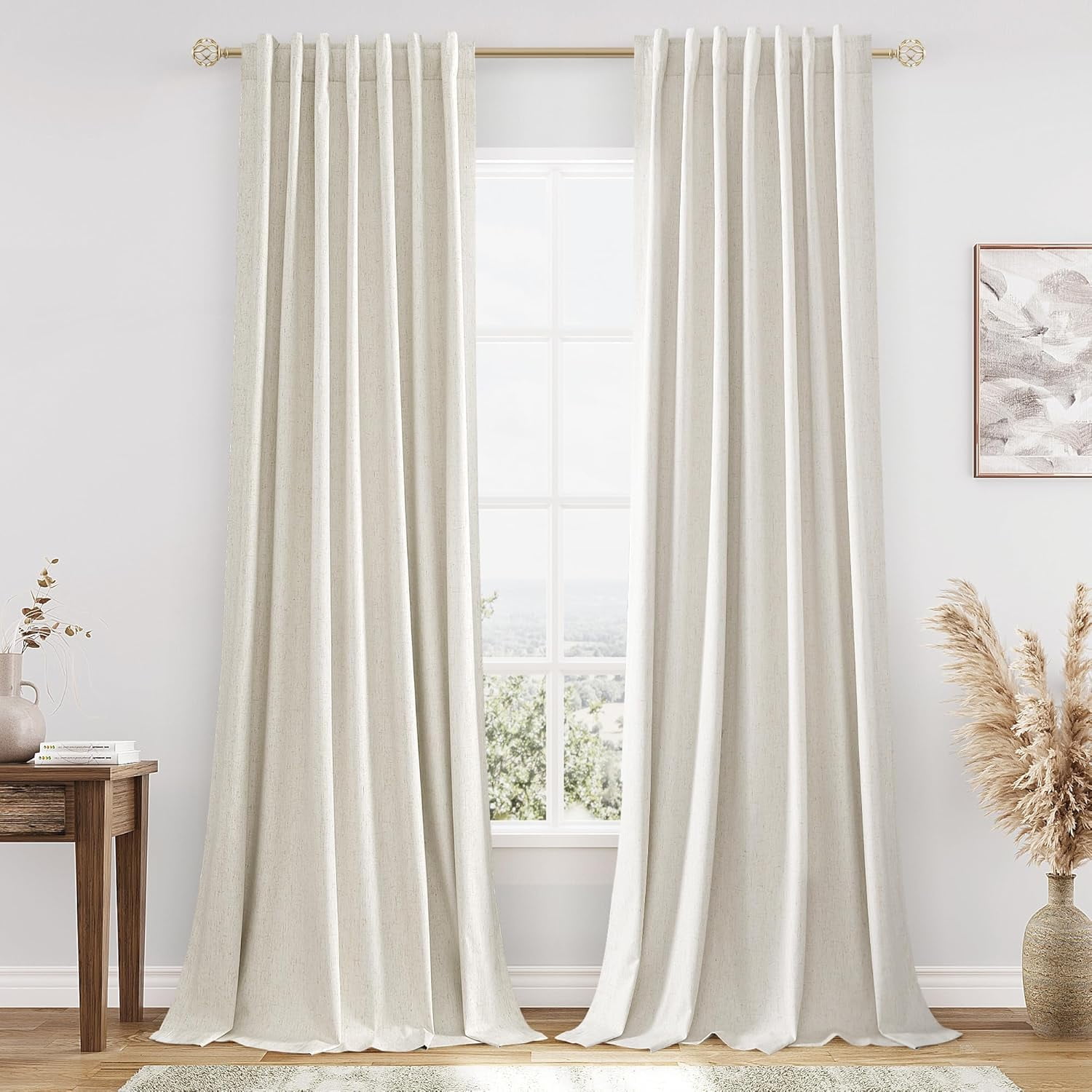 Cream Linen Blackout Curtains 102 Inch Length 2 Panels Set for Living ...