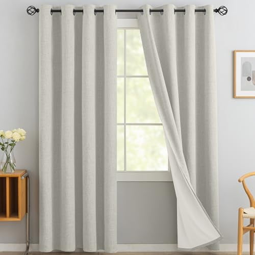 Cream Linen Curtains 100% Blackout 90 Inches Long,Room Darkening ...