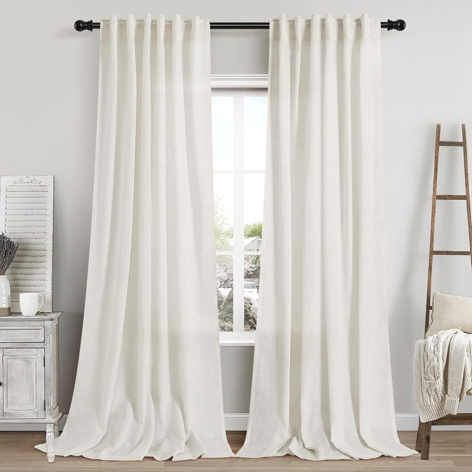 Cream Linen Curtains, 108 Inches Long, Back Tab Rod Pocket Semi-Sheer ...