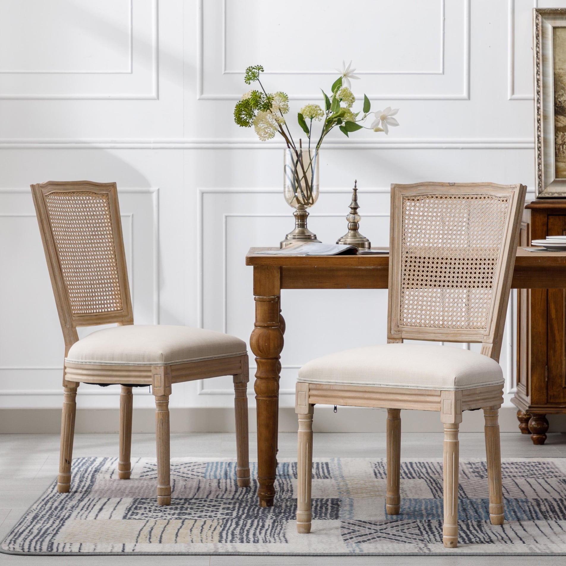 Cream Linen Fabric Square Back Dining Chairs, French Style, Solid Wood ...