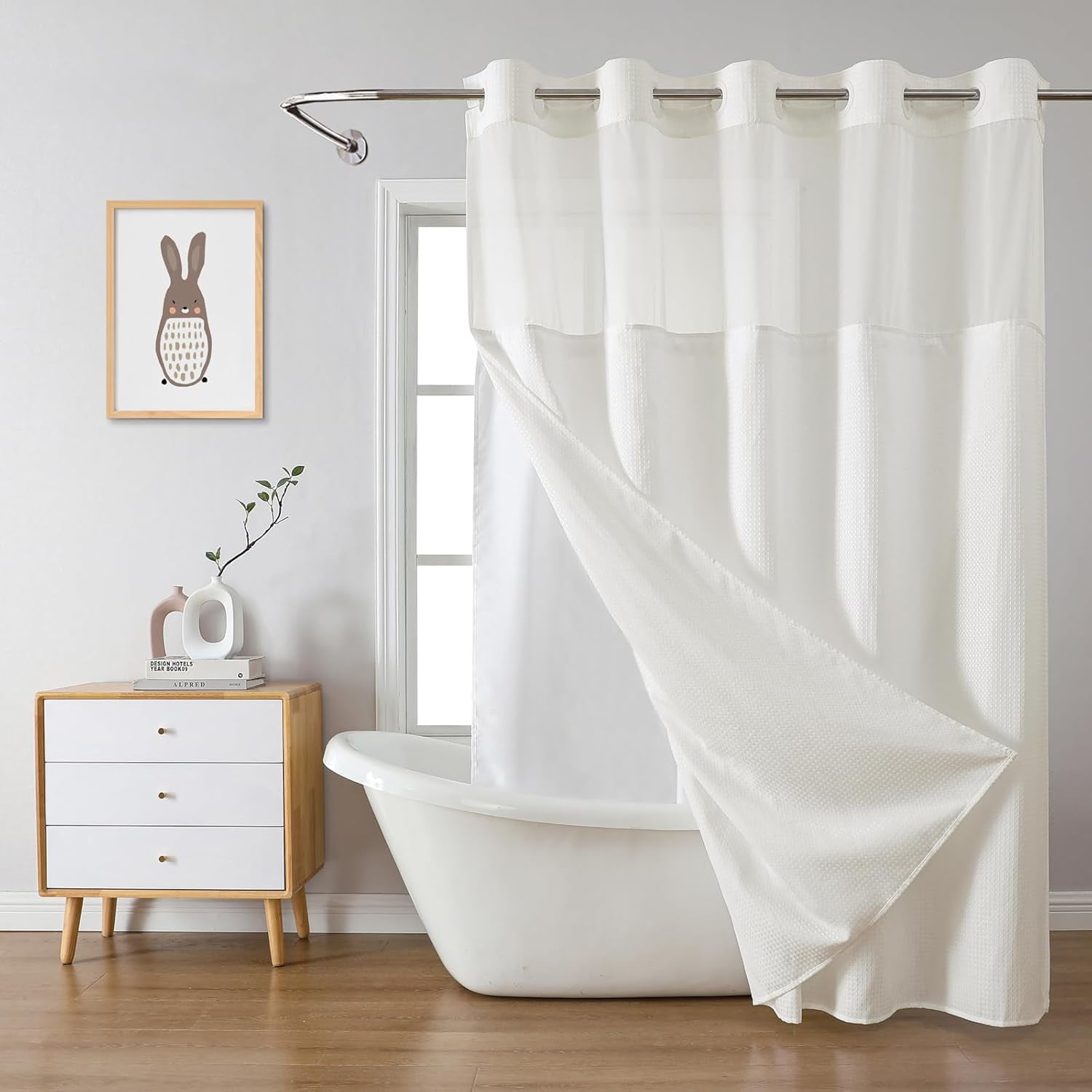 Cream Long No Hook Waffle Weave Shower Curtain with snap-in Liner ...