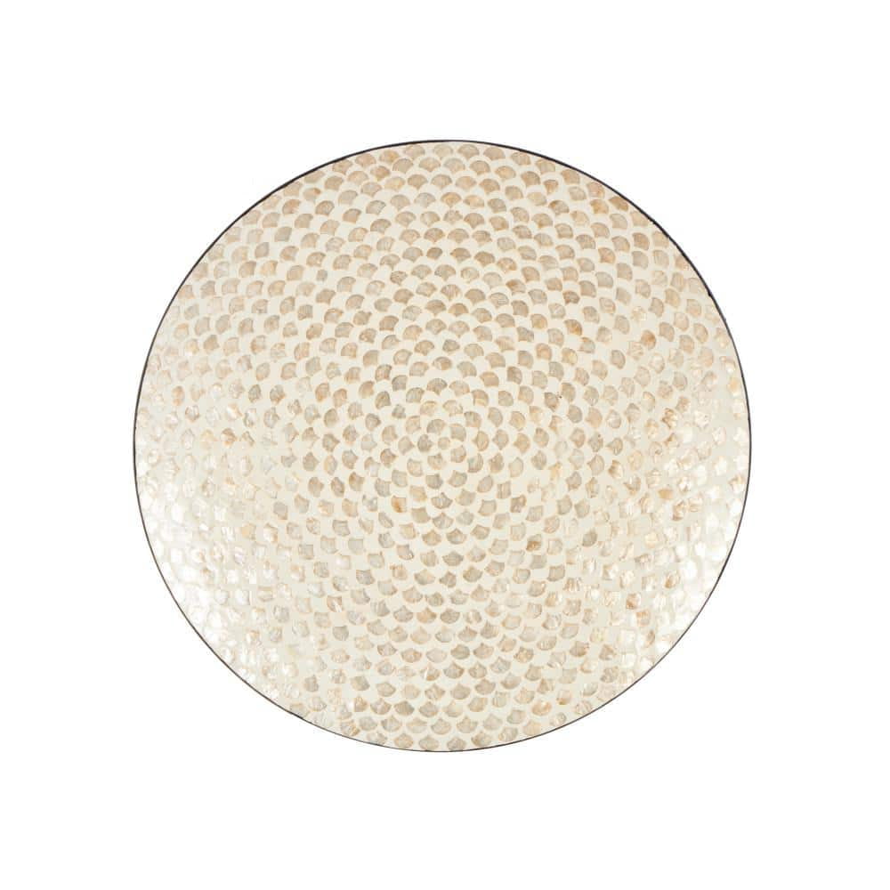 Cream Mother of Pearl Shell Round Geometric Disc with Wood Frame Wall ...