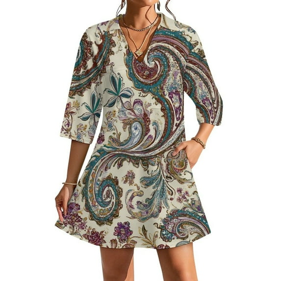 Cream Paisley Floral Textile Womens Dress With Pockets Summer V Neck 3/ ...