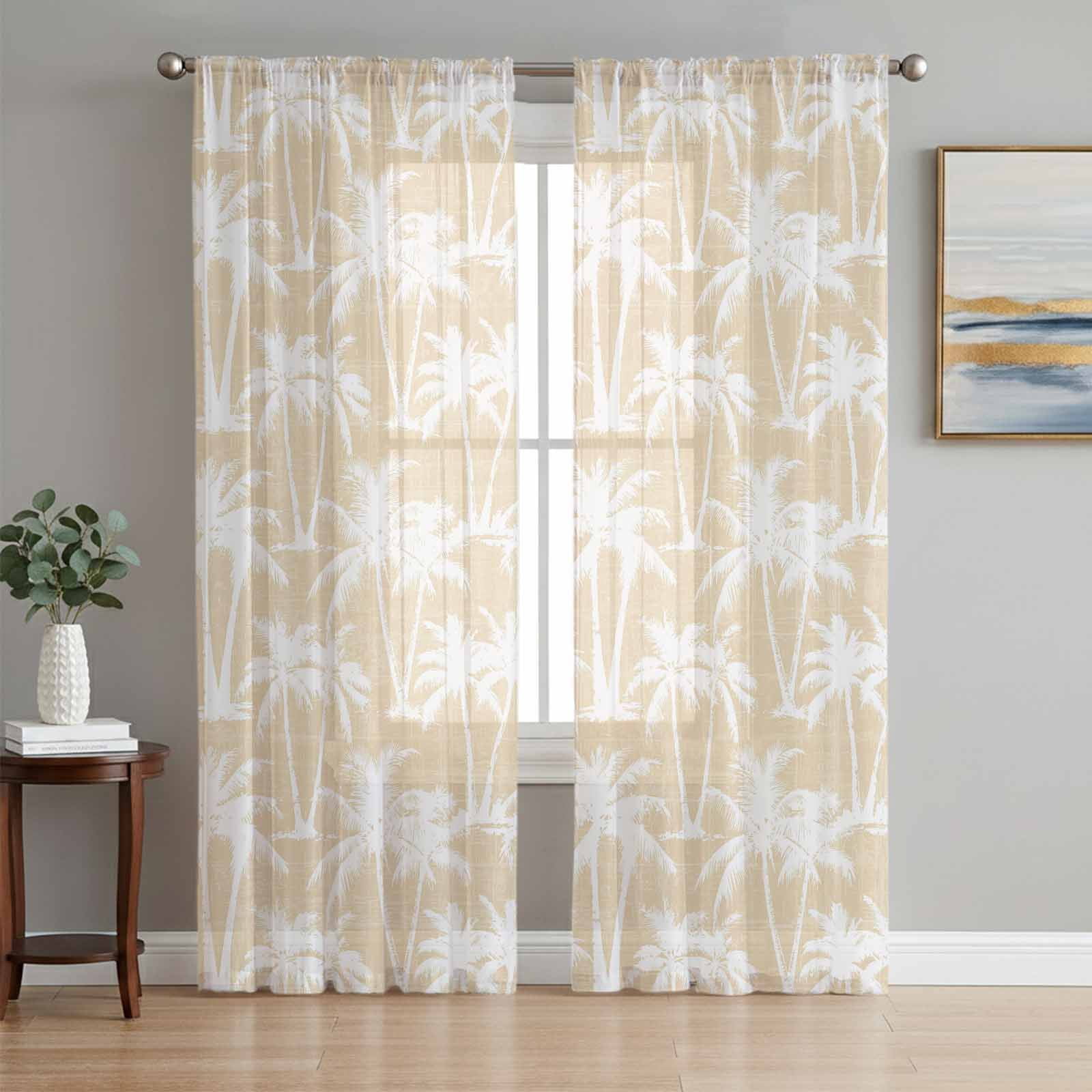 Cream Palm Tree Summer Sheer Curtains 96 Inch Length 2 Panels Set ...