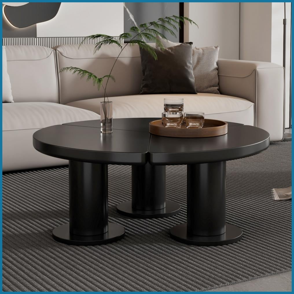 39.4'' Circular Black Coffee Table with Petal Edges, Sturdy 3-Legs ...