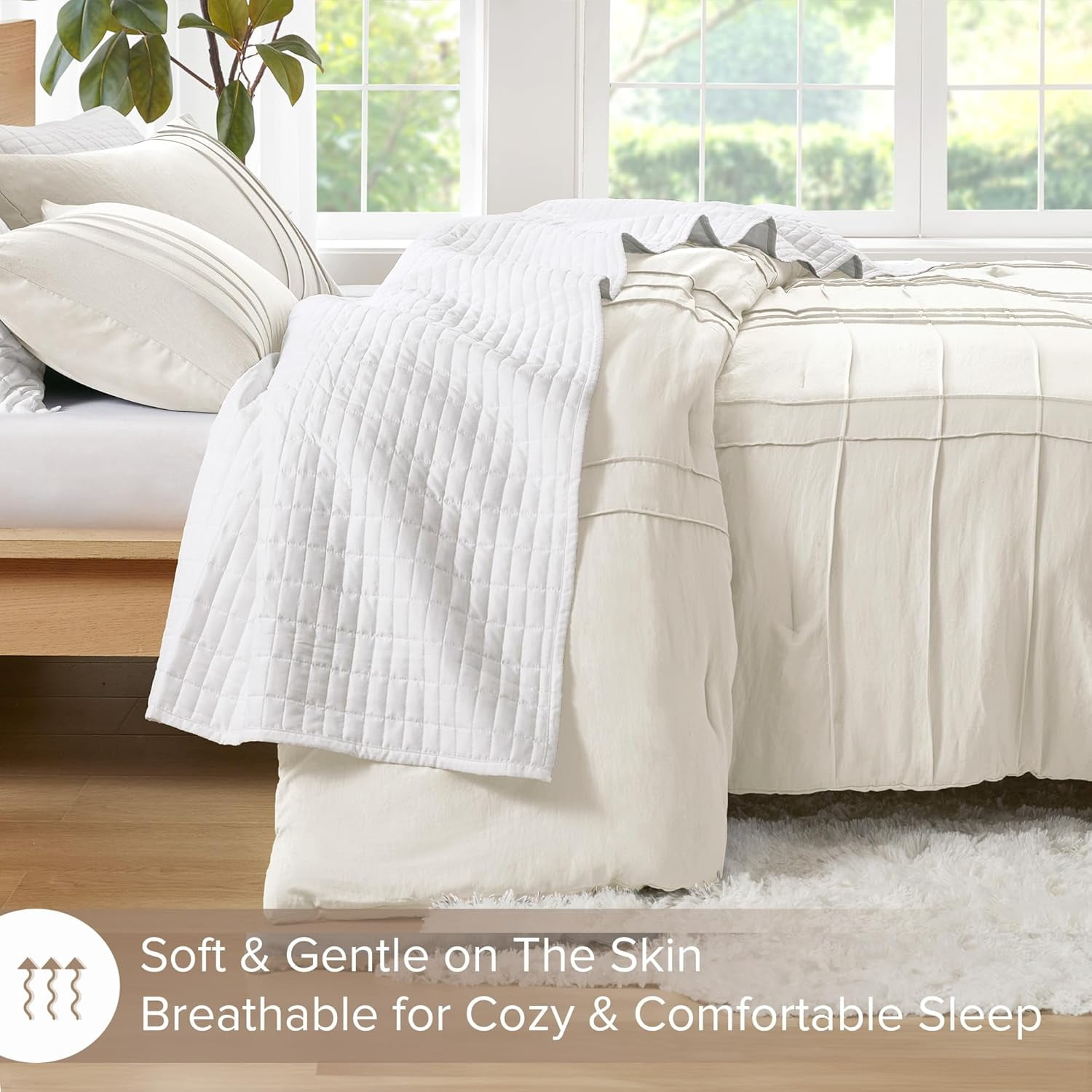 Cream Queen Size Comforter Set - 3 Pieces Pintuck Pleated Bedding Sets ...