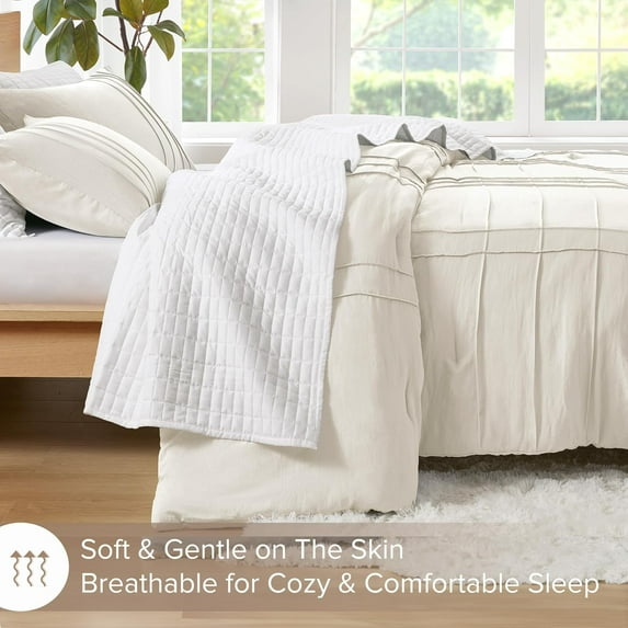 Cream Queen Size Comforter Set - 3 Pieces Pintuck Pleated Bedding Sets ...
