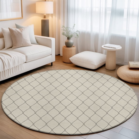 Cream Quilted Lines Round Living Room Rugs 8 ft, Minimalist Rhombus ...