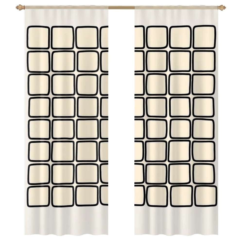 Cream Rectangles Black Outlines Grid Sheer Voile Curtain Window Tulle ...