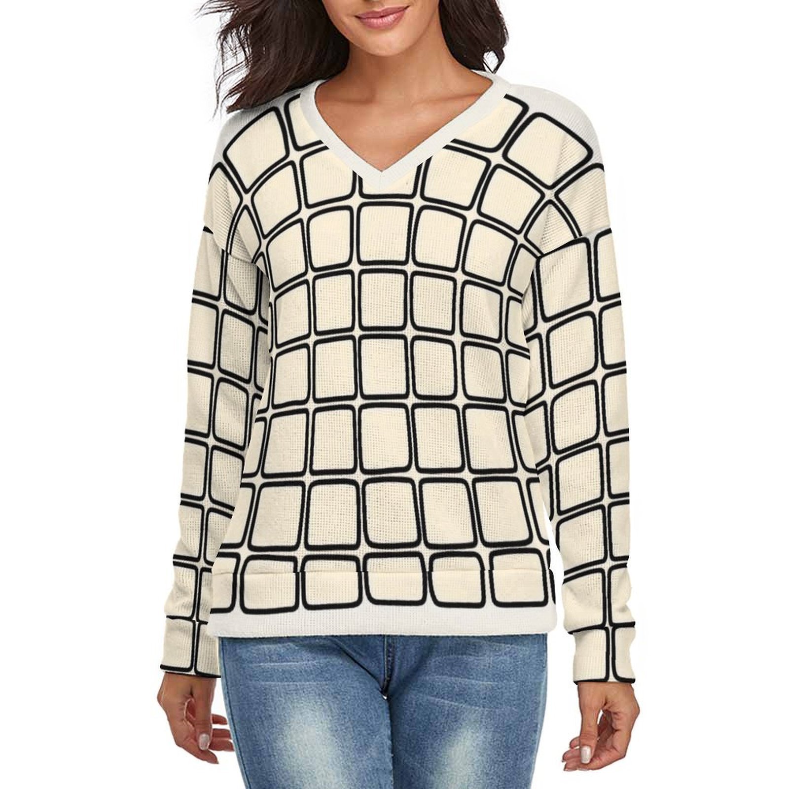 Cream Rectangles Black Outlines Grid V-neck Sweater Winter Clothes Long ...