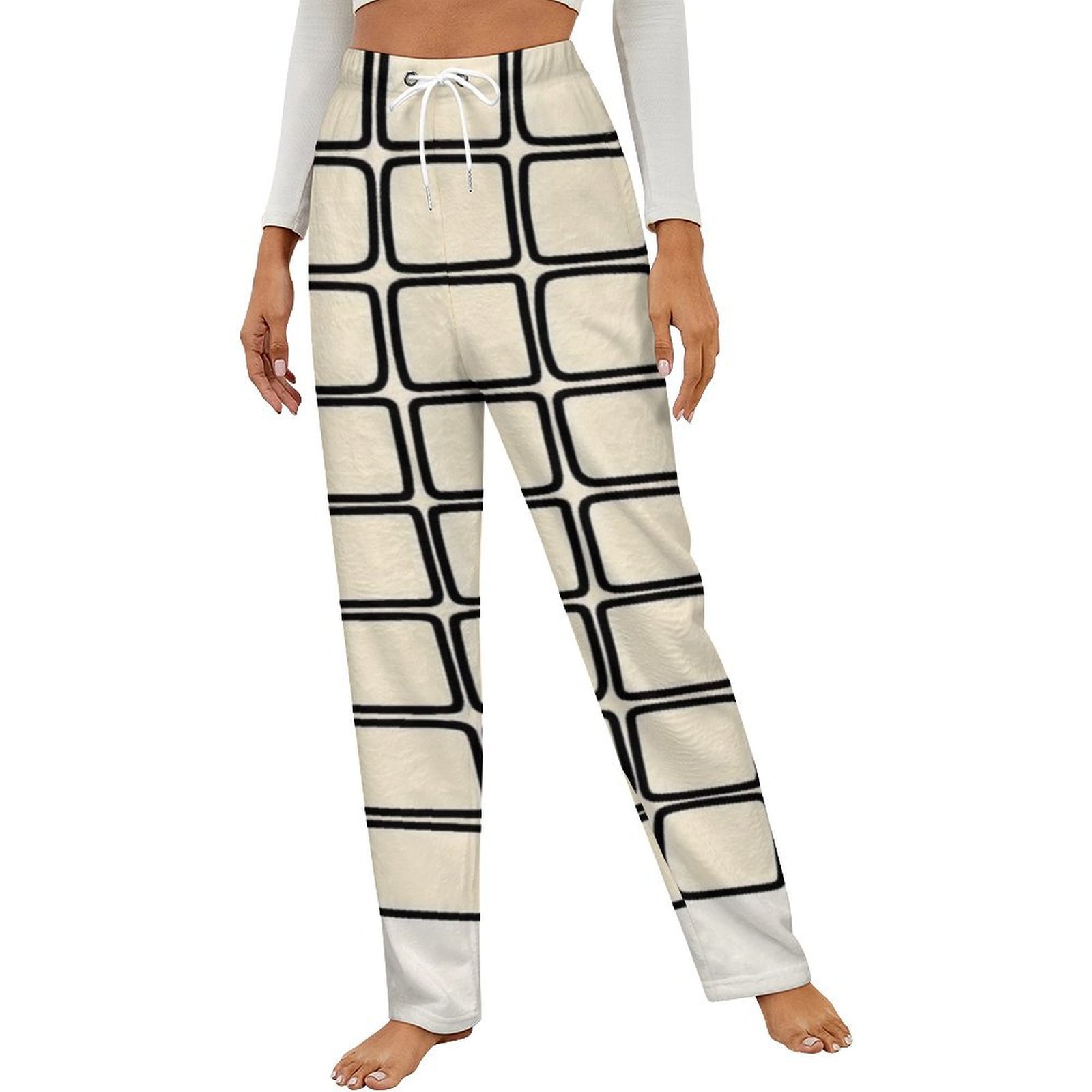 Cream Rectangles Black Outlines Grid Winter Female Pants Flannel High ...