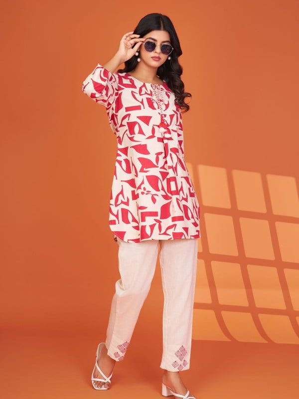Cream & Red Abstract Print Cotton Flex Co-ord Set - Walmart.com