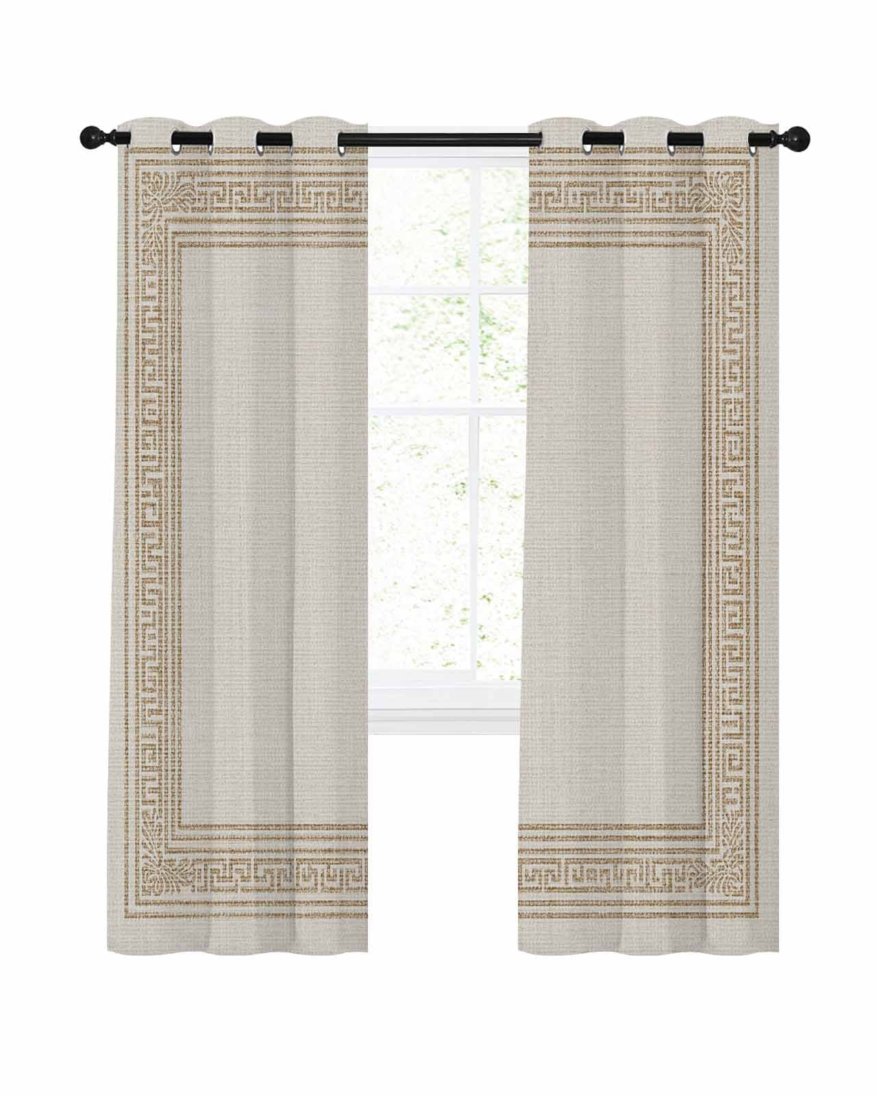 Cream Retro Greek Key Blackout Curtains, Light Blocking Print Window ...