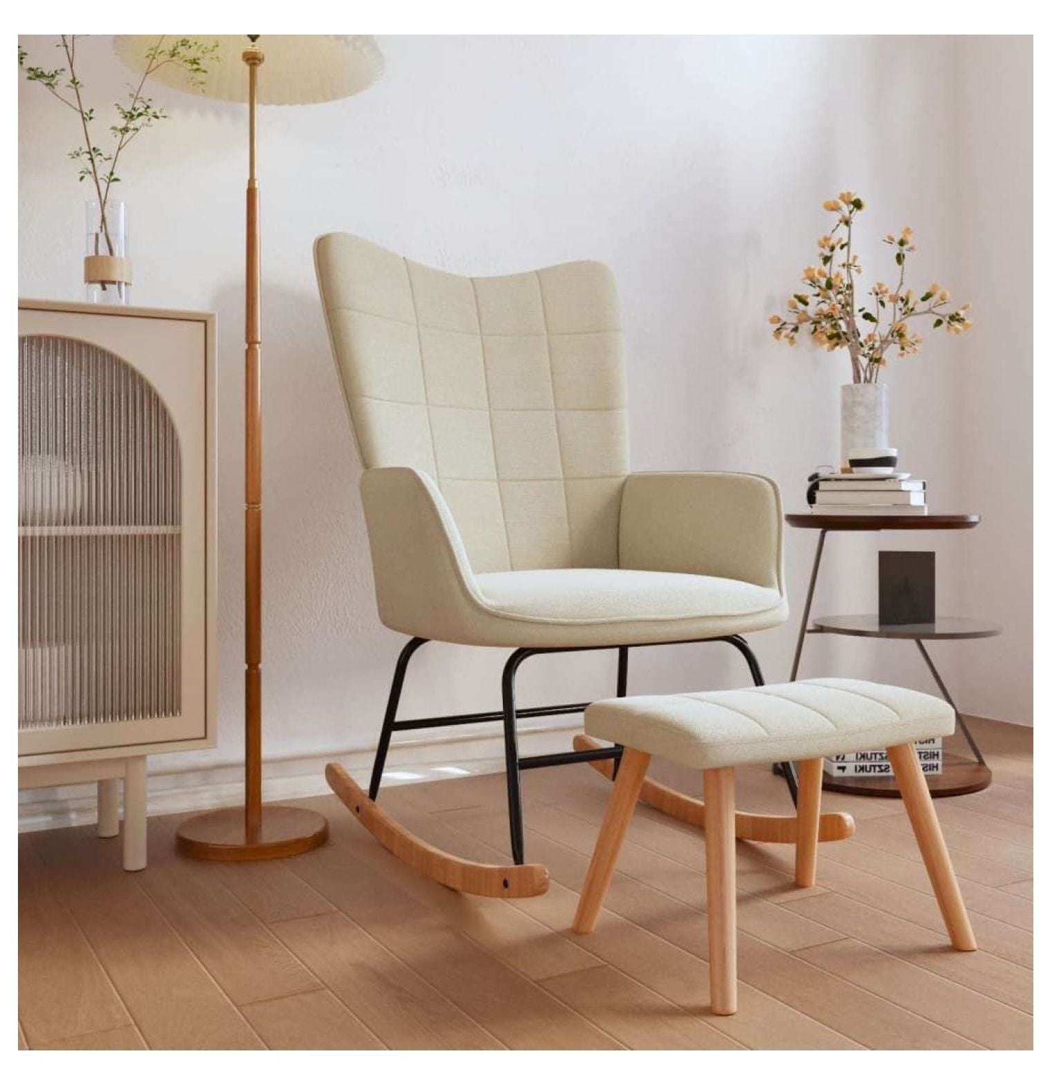 Cream Rocking Chair with Stool Set, Modern Living Room Armchair, Padded ...