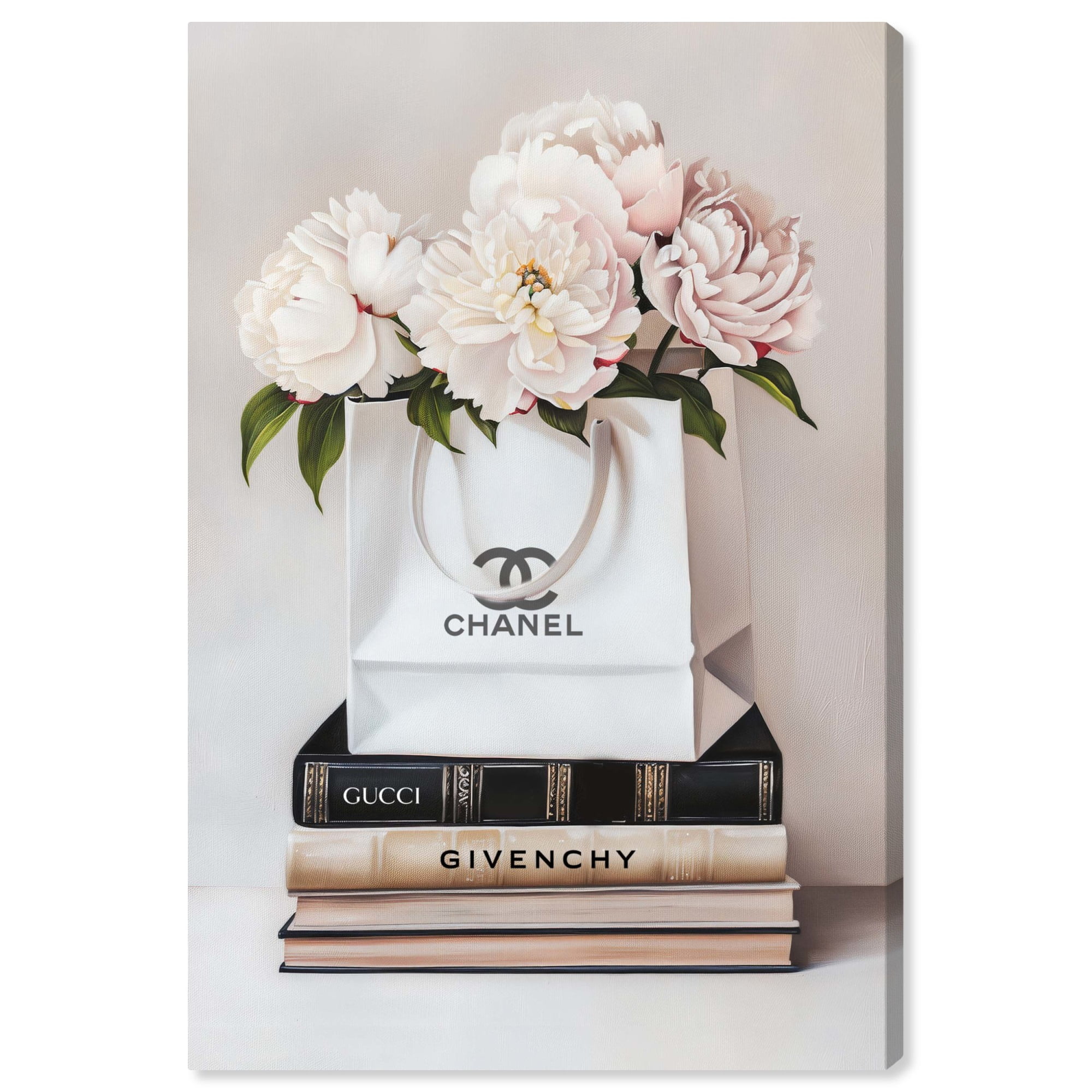 Cream Shopping Bag Floral Canvas Glam Illustration Art by Art Remedy, Gallery Wrapped, 20" x 30 ...