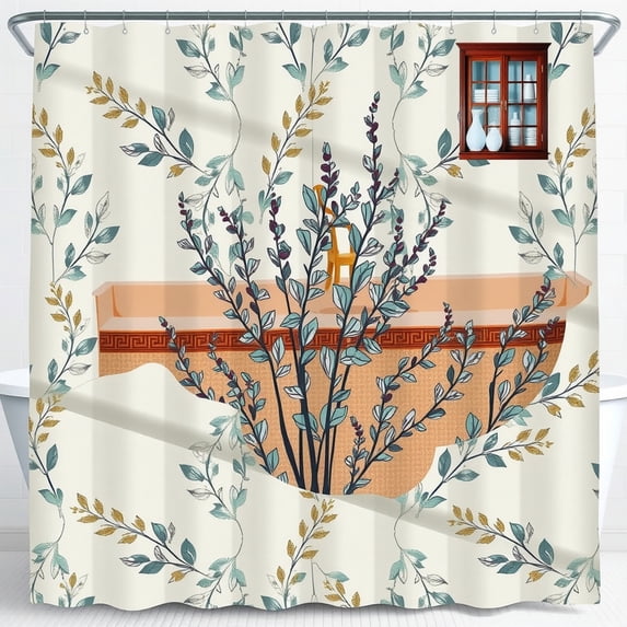 Cream Shower Curtain with Green & Yellow Leafy Branches Orange Greek ...