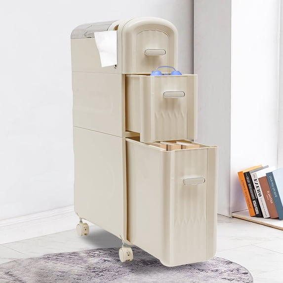 Cream Slim Tall Bathroom Storage Cabinet with 3-Drawers & 4 Wheels Home ...