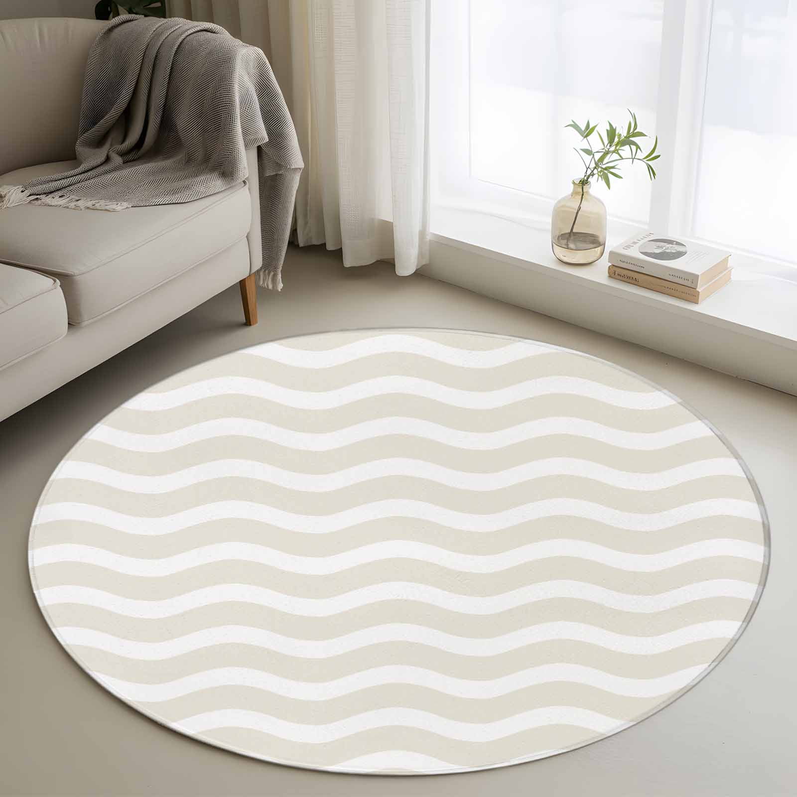 Cream Stripe 4ft Round Rug, Modern Abstract Waves Beige Striped Non ...