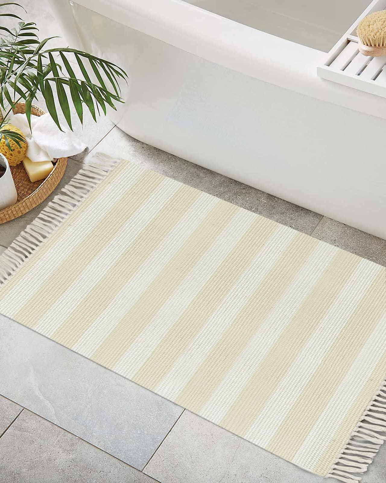 Cream Striped Bath Rug 2x3ft Woven Bathroom Entryway Runner Rug,Modern ...