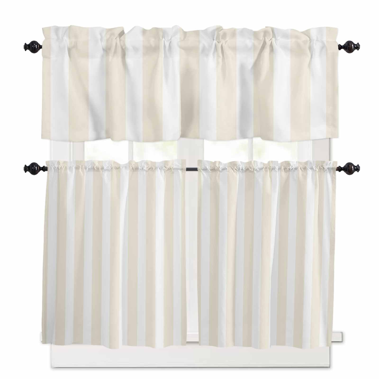 Cream Striped Kitchen Curtains and Valances Set, 3 Piece Kitchen ...