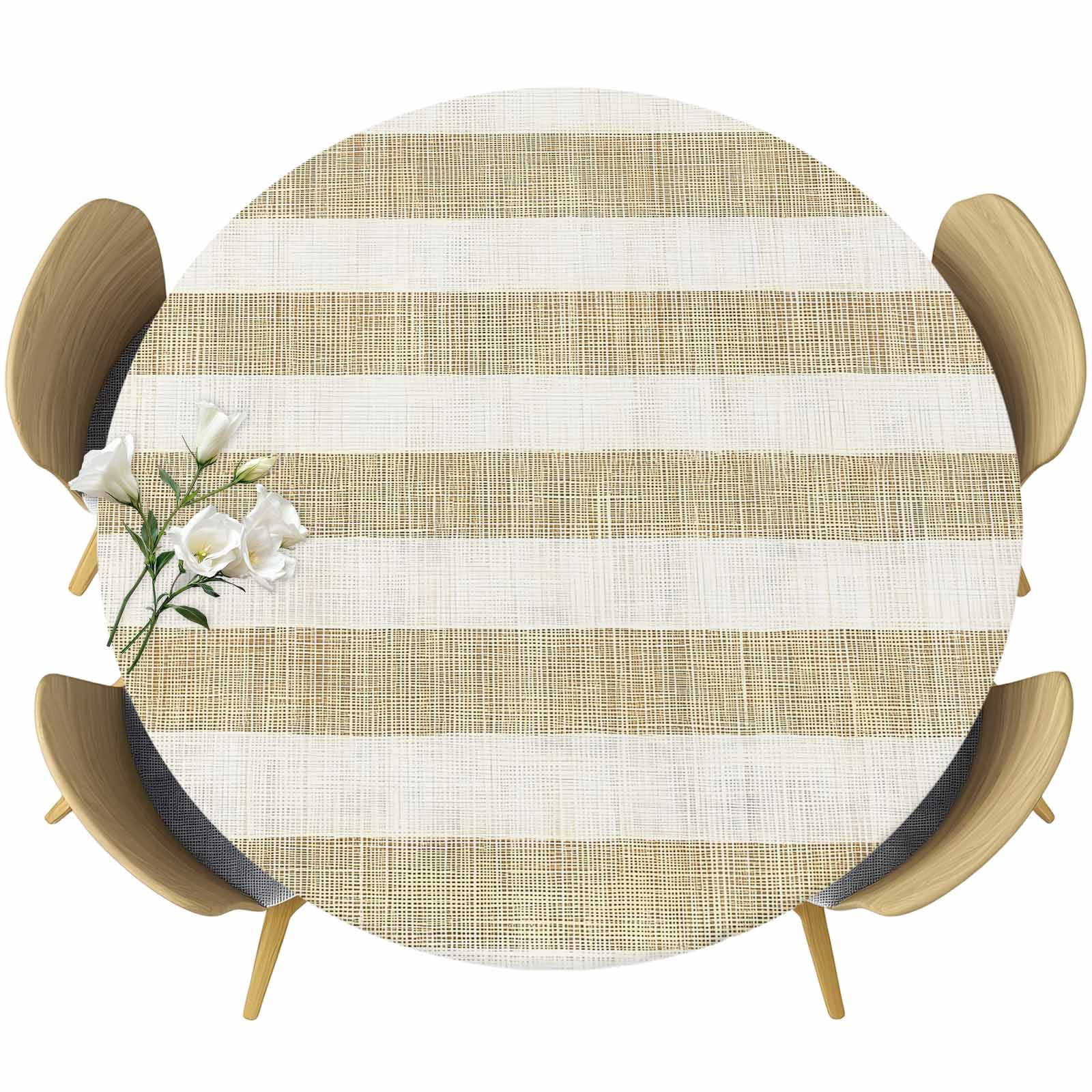 Cream Striped Round Tablecloth, Fitted Table Cover with Elastic for 55 ...