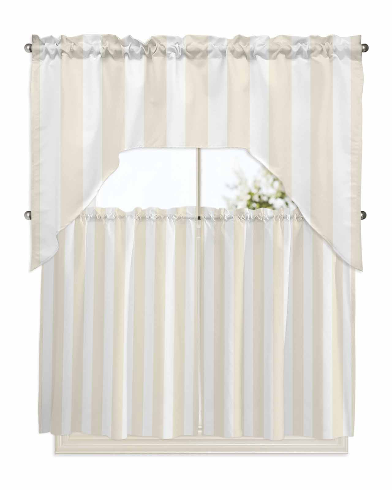 Cream Striped Swag Valance and Tier Curtains 36'' Length Set, Modern ...