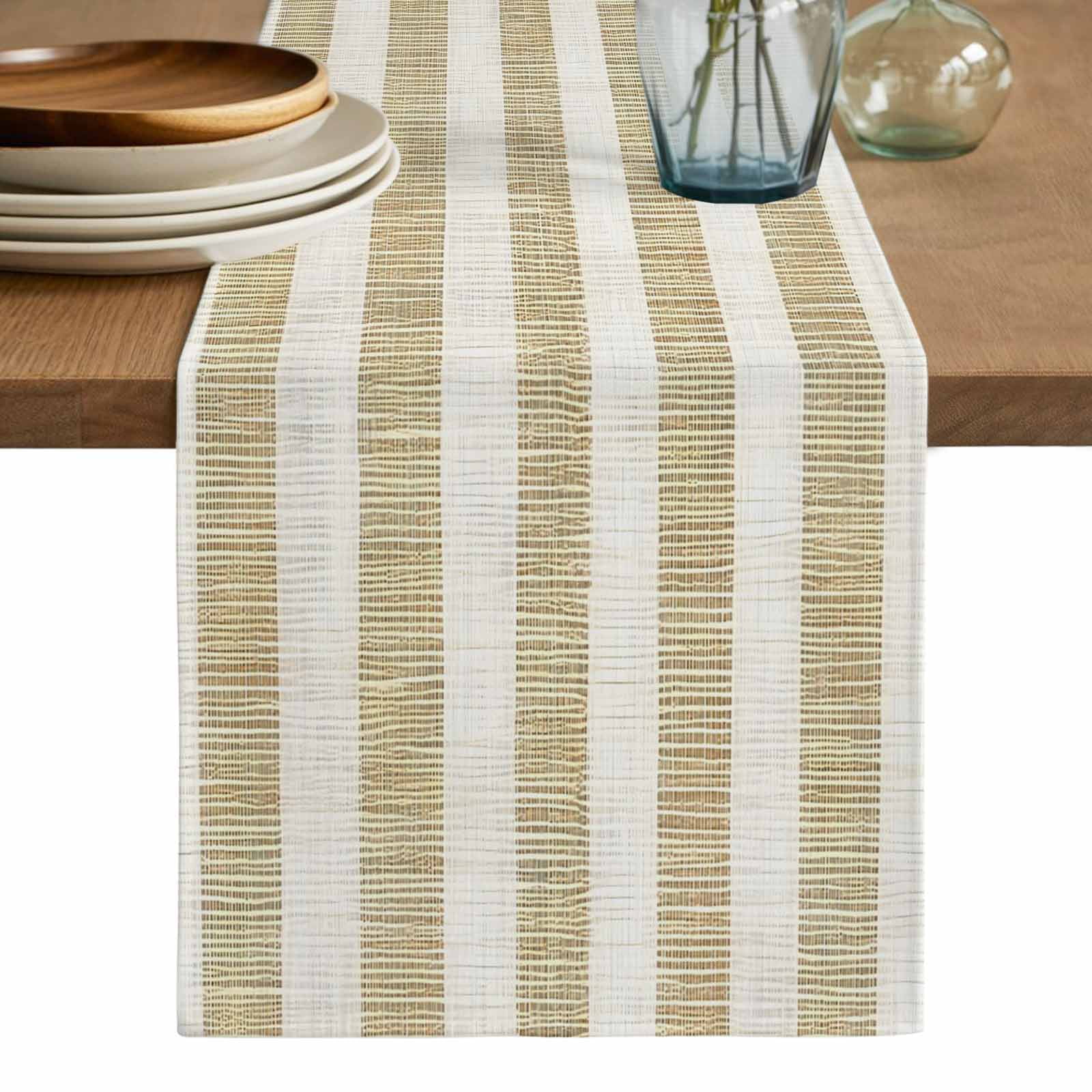 Cream Striped Table Runner, Farmhouse Vintage Brown Stripes Washable ...