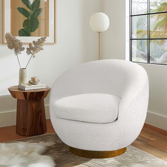Cream Swivel Accent Chair with Wood Base, 360-Degree Rotating Barrel ...