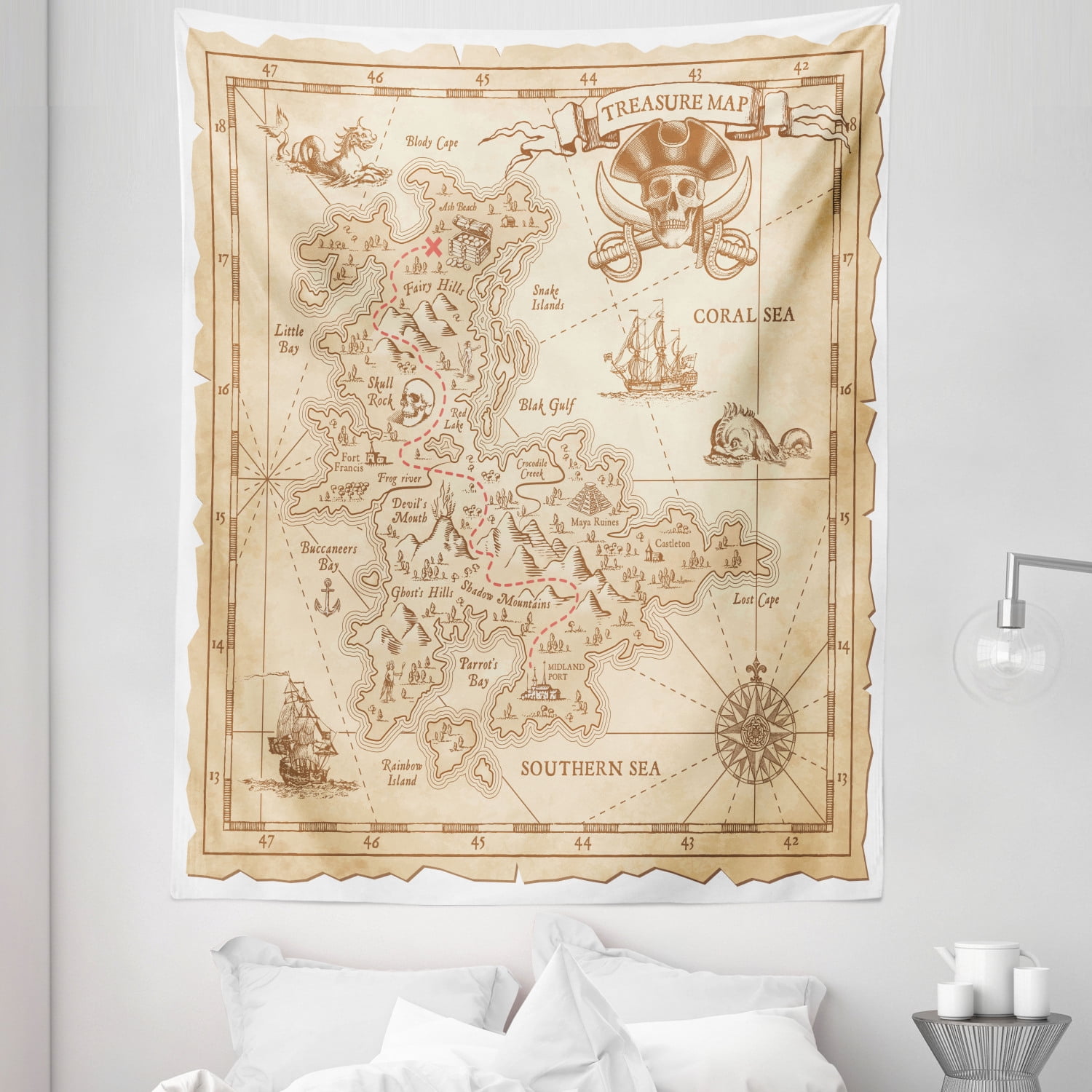Cream Tapestry, Old Antique Treasure Map Details Retro Color Adventure ...
