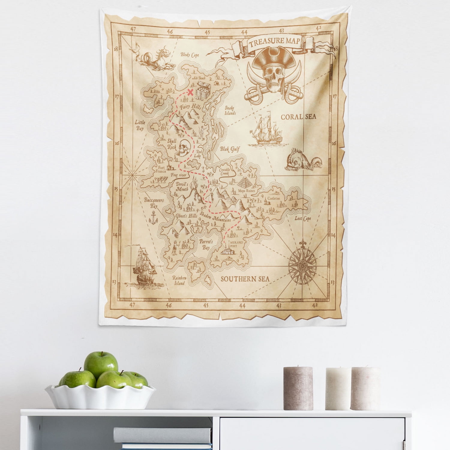 Cream Tapestry, Old Antique Treasure Map Details Retro Color Adventure ...